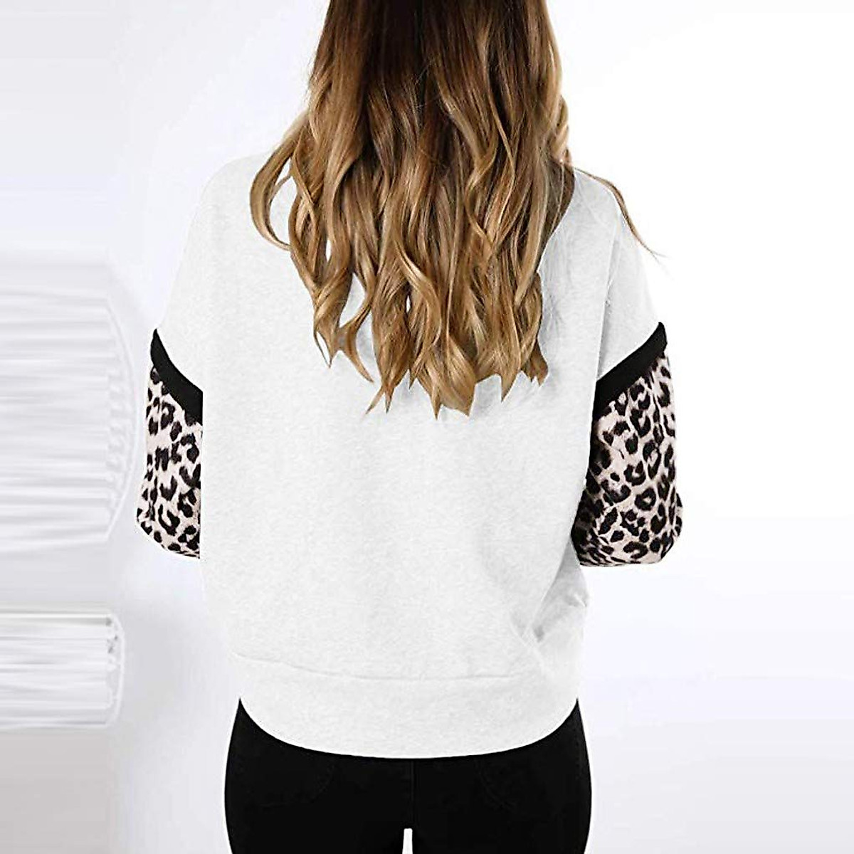 Women's Leopard Blouse Patchwork T-Shirt Autumn Pullover Casual Tunic Long Sleeve Tops (White,M)