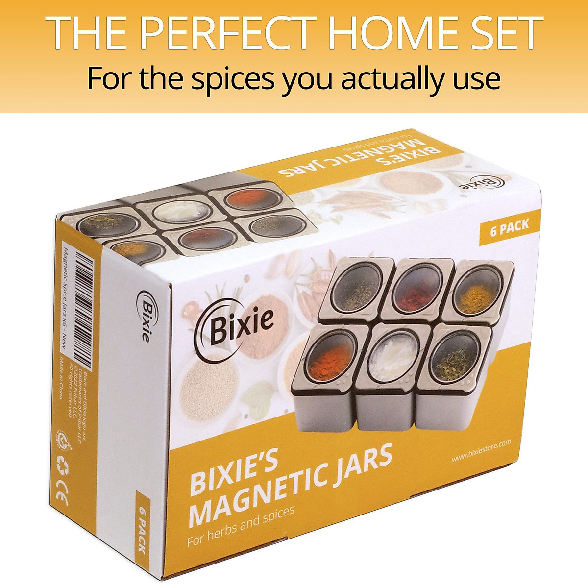 bixie Magnetic Spice Tin Jars – Home pack | 6x Rectangle 4.2 oz Refrigerator Stainless Steel Containers for Herbs and Spices