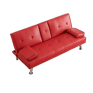 FIQHOME 67" Multifunctional Sofa 2 Cup Holders,Leather Loveseat Sleeper with Removable Armrests,Convertible Folding Couches Bed for Small Spaces,Red