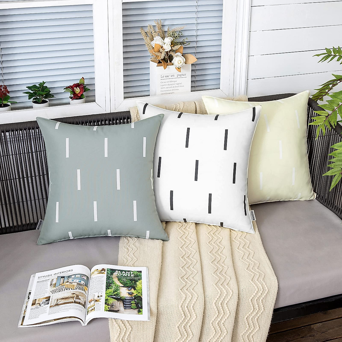 MIULEE Set of 2 Decorative Outdoor Waterproof Throw Pillow Covers Geometric Square Pillowcases Stripes Cushion Case for Patio Garden Couch Tent Sofa Bedroom 20 X 20 Inch Pure White