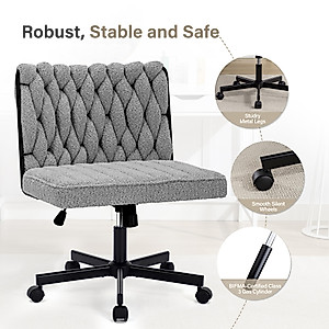 HForesty Criss Cross Legged Office Desk Chair with Wheels, Modern Armless Desk Chair with Wide Seat, Home Office Chair for Work, Meditation, Vanity, Grey