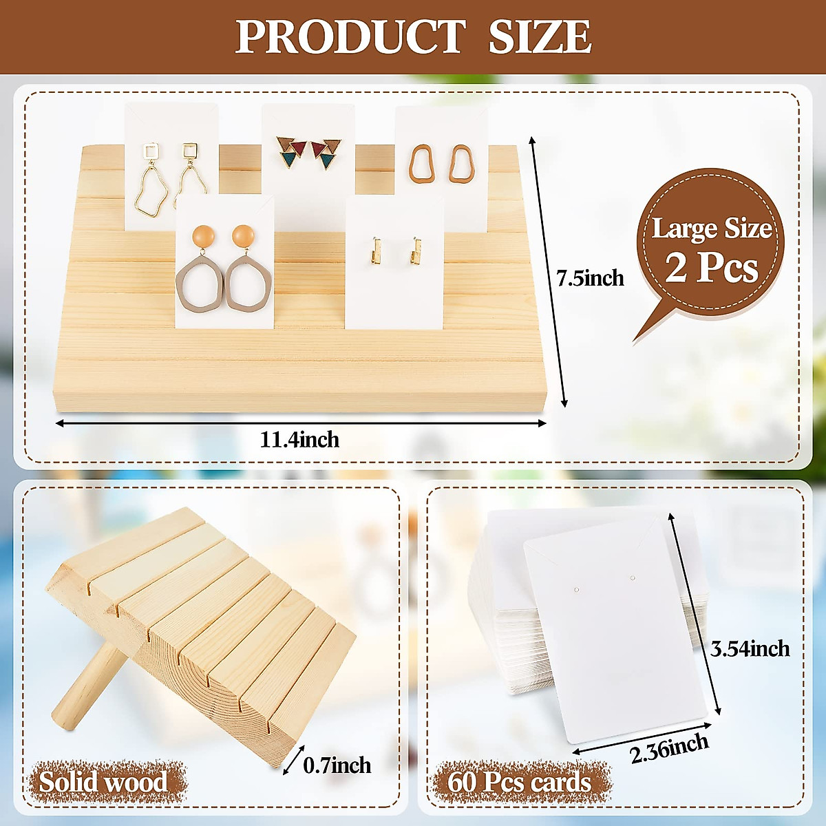 62 Pcs Wood Earring Display Stand 2 Set Earring Display for Selling Earring Display Holder with Earring Card for Selling(Wood Color)