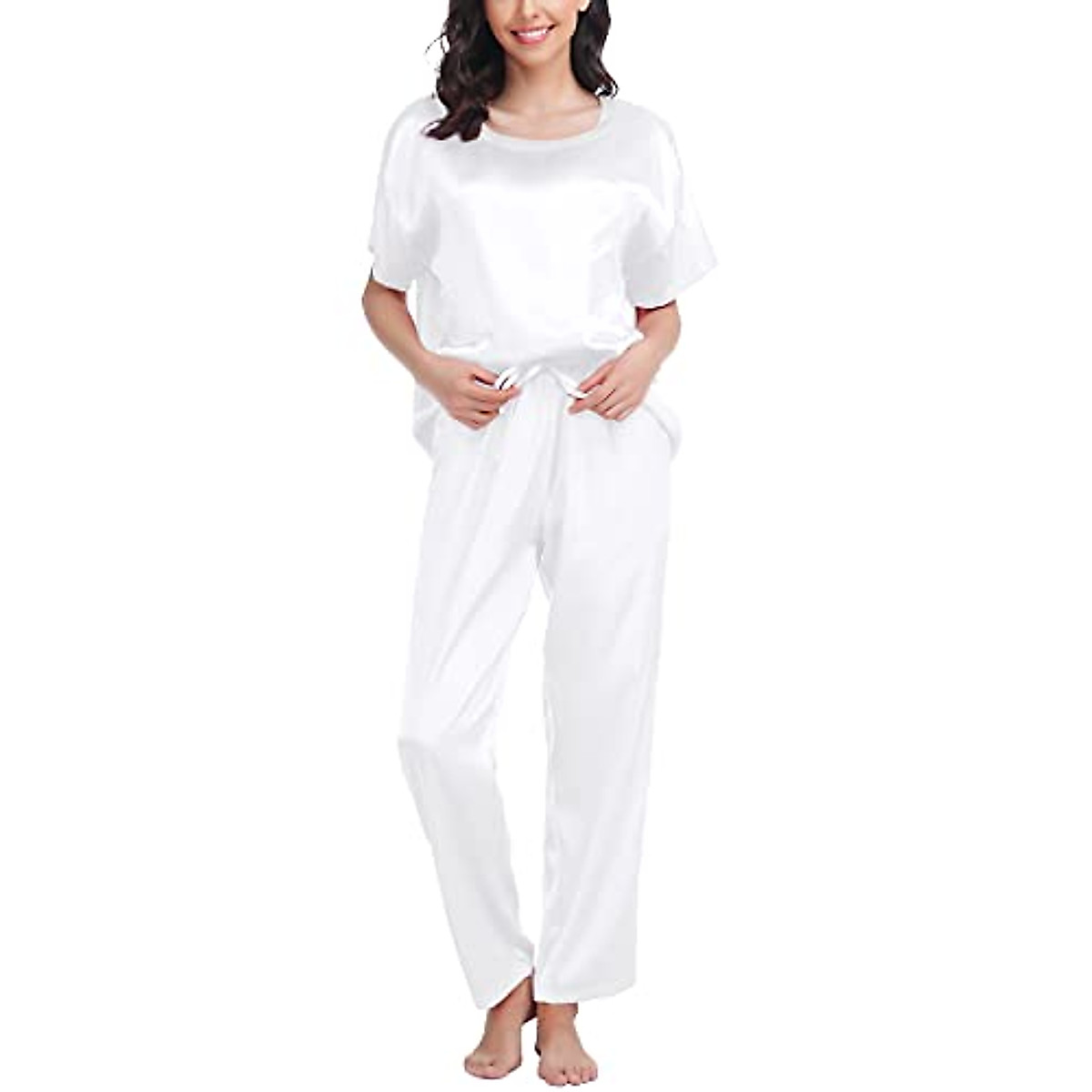 SWOMOG Pajamas Satin Pajamas Short Sleeve Silk Pjs Loungewear Long Pajama Pant Set Ladies Pajamas for Women Two Piece Pajama Set M White