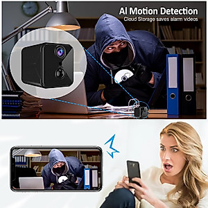 WiFi Mini Camera 4K FHD Small Camera, Smartphone App Remote Access, Nanny Cam Security Cam with AI Motion Detection, Auto Night Vision Built-in High-capacity Battery for Indoor Outdoor Wireless Cam