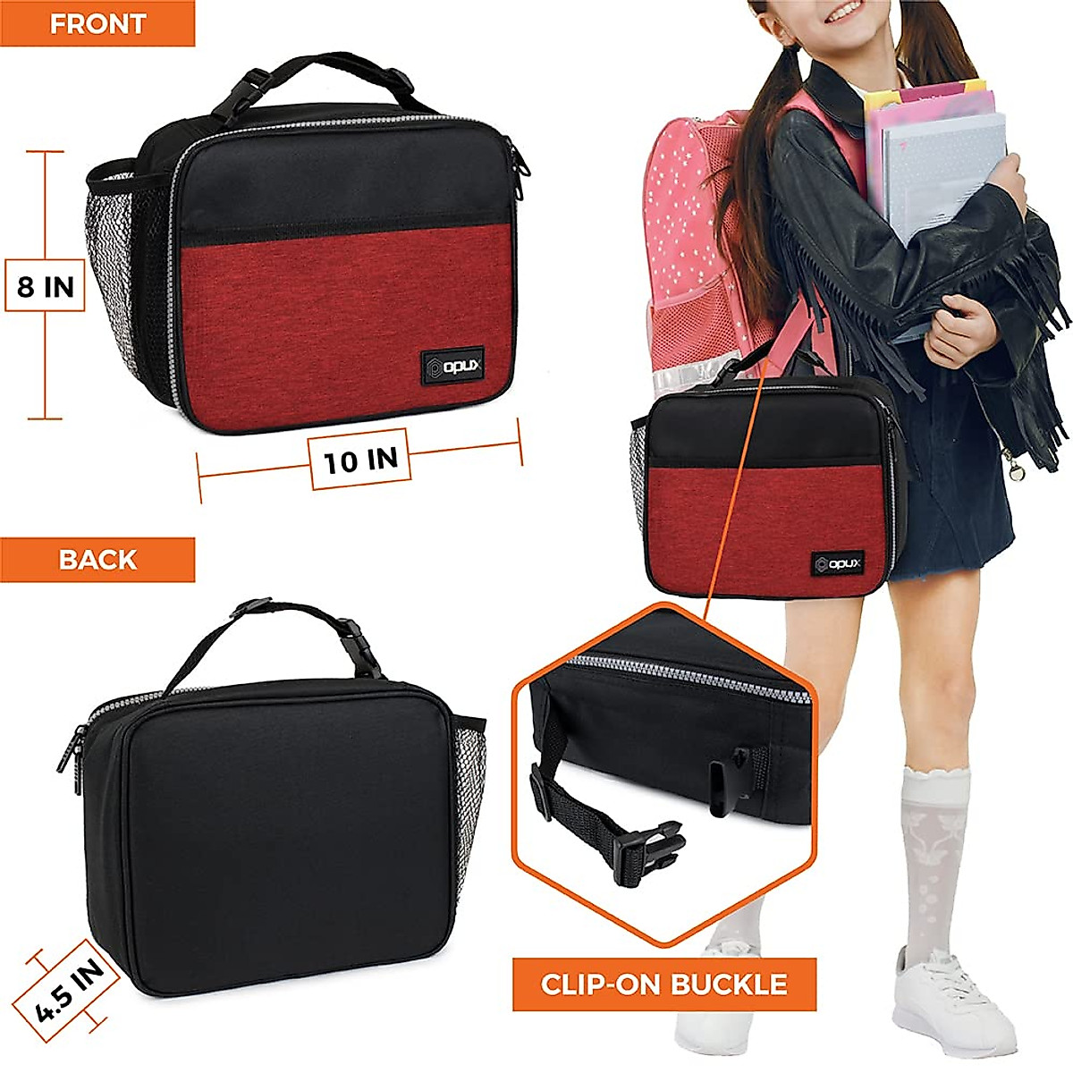 OPUX Insulated Lunch Bag Kids, Lunch Box for School Boy Girl, Leakproof Small Reusable Compact Soft Mini Cooler Bag, Toddler Small Lunch Boxes Kit Pail with Front Side Pockets (Red)