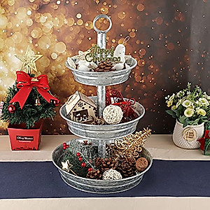 ELLDOO 3 Tier Serving Tray, Farmhouse Metal Tiered Galvanized Serving Tray Stand for Kitchen Dining Party and Wedding Decor, Rustic Home Organizer Tray for Storage Cupcake Dessert Fruit