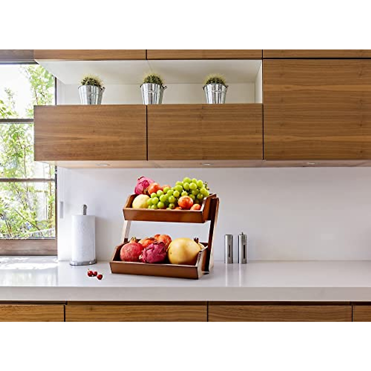 Sushineibor Bamboo Fruit Basket Stand Storage for Kitchen，Large Capacity Home Countertop Standing Wooden Organizer Bread Vegetable Holder Veggies Display Snacks Food Rack (Brown)