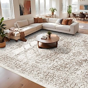 EISUROM 9x12 Large Area Rug - Vintage Washable Rug for Living Room with Non-Slip Low-Pile Traditional Medallion Border Rugs with Stain Resistant Foldable Retro Accent Rug Indoor Thin Rug