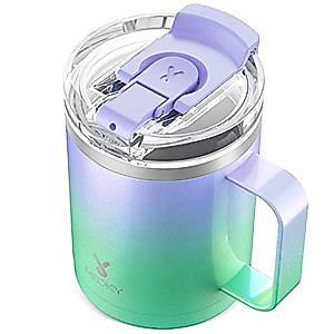 Meoky 14oz Insulated Coffee Mug with Lid and Handle, 100% Leak Proof Stainless Steel Coffee Cup with Tritan Lid, Double Wall Vacuum Coffee Tumbler with Handle (Fairyland)