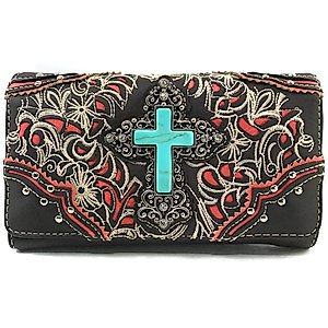 Zelris Design Western Country Cross Autumn Floral Crossbody Trifold Strap Wallet (Black)