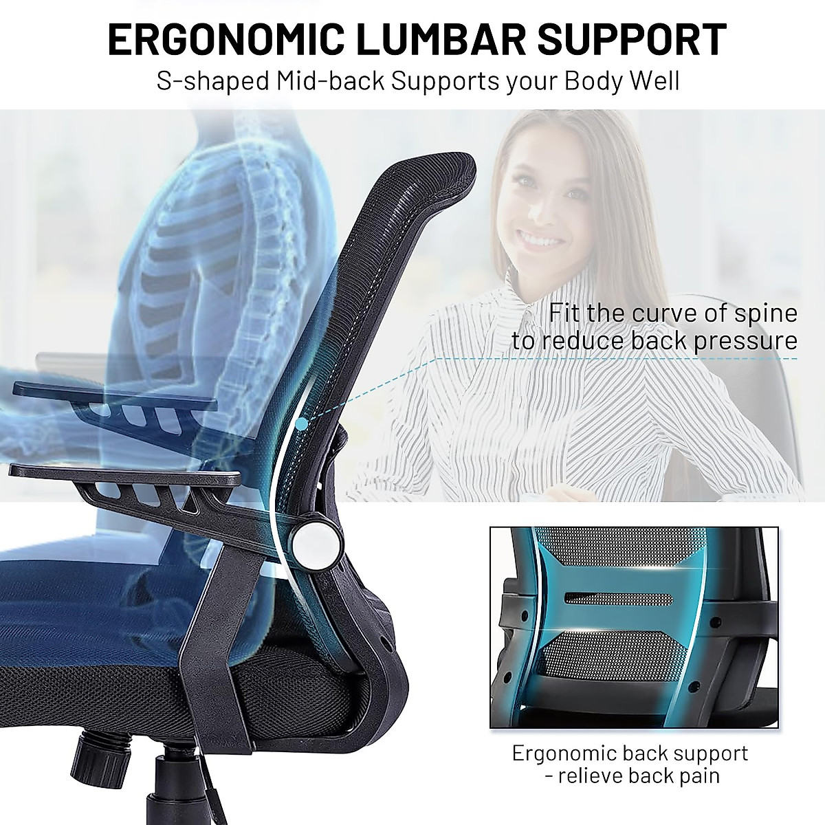 ZanzioDesk Chair, Office Chair Mesh Lumbar Support, Ergonomic Rolling Computer Chair with Flip-up Armrests, Swivel Adjustable Mid Back Home Office Chair Task Chair, Black