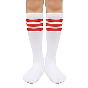 Henwarry Kids Toddler Soccer Socks Classical Stripes Cotton Soft Over the Calf Tube Socks for Boys Girls (A05-Red/White)