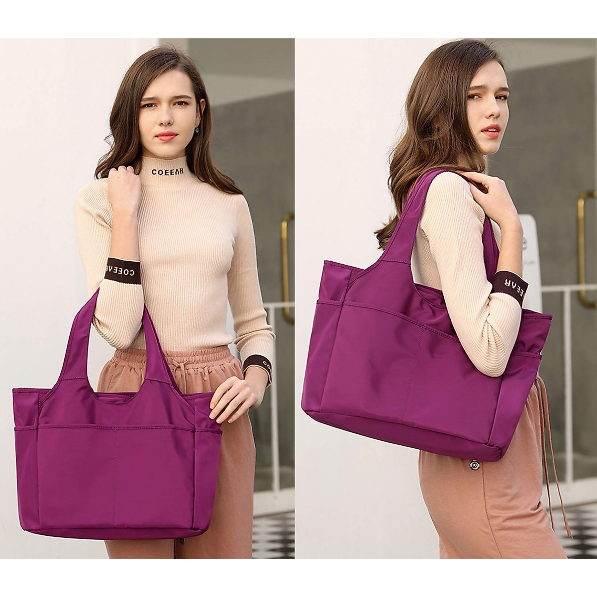 Wxnow Nylon Travel Tote Beach Bag with Zipper for Women Large Shoulder Bag Purse Bags Teacher or Nurse Purple