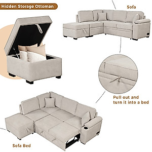 FREESNOOZE 2 in 1 Sleeper Sofa Bed, 84.75" Pull Out Couch Bed L Shape Couch with USB Charging Port, 3-pin Plug, Cup Holders, Storage Ottoman for Living Room/Bedroom/Small Apartment, Beige