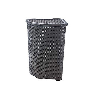 Corner Laundry Hamper Basket with Lid 50 Liter - Brown Wicker Hamper, Durable, Lightweight Bin with Cutout Handles - Storage Dirty Cloths Curved Shape Design Fits Bathroom, Door, Closet. By Superio