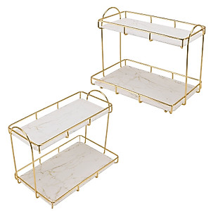 VINGVO 2 Tier Cosmetic Storage Shelf, Iron Metal Makeup Organizer Countertop Rack Gold Perfume Display Organizer Waterproof Dresser Storage Shelf Rack Marble Tray for Bathroom Bedroom