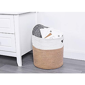 ZFRXZ Cotton Rope Storage Baskets with Handles Set of 2, Laundry Basket Hamper for Baby Toys Blankets, Decorative Woven Plants Basket, Cube Bins Containers Organizers 11"x11" (White-Jute)