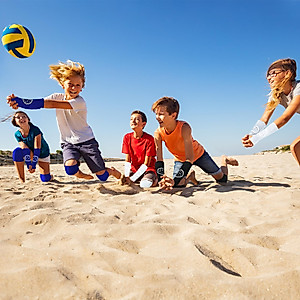 Sosation 3 Set Volleyball Arm Sleeves and Knee Pads for Kids Soft Forearm Sleeves with Protection Pad Thumbhole Volleyball Accessories for Training Youth Girls Boys 5-8 Years Old (Black, Blue, White)