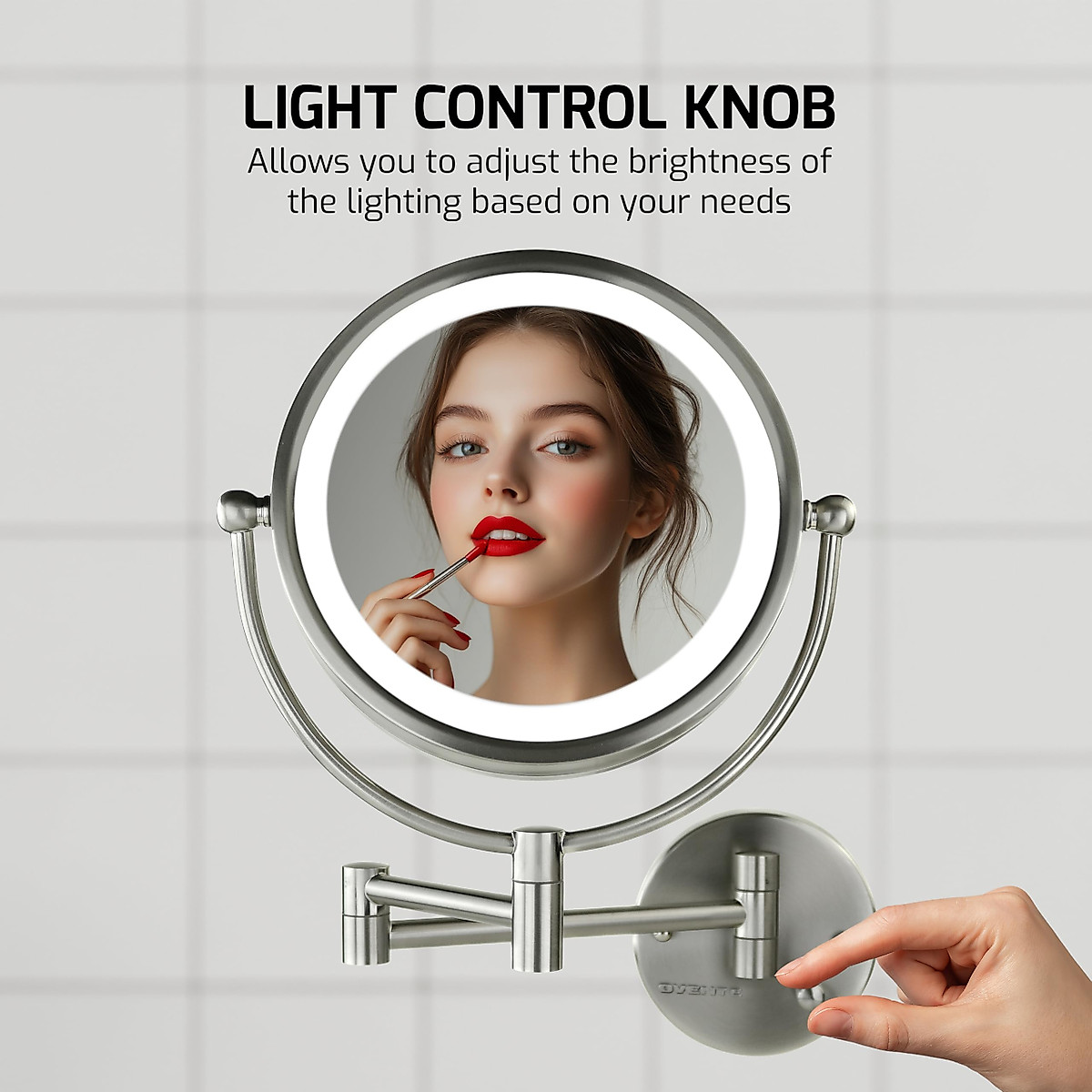 OVENTE 9" Lighted Wall Mount Makeup Mirror with 1X/7X Magnification, Double Sided Magnifying Vanity Mirror, LED Glow Light, 360° Swivel Design, Extendable & Folding Arm, Nickel Brushed MPWD3185BR1X7X