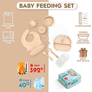 Baby Led Weaning Supplies Silicone Baby Feeding Set–11Pcs Baby Feeding Supplies with Suction Bowl and Plate, Fork, Spoon, Bib, Sippy Cup, Food-Grade Silicone Baby Utensils (Beige)