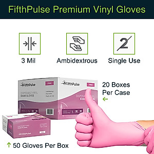 FifthPulse Pink Vinyl Disposable Gloves Small 50 Pack - Latex Free, Powder Free Medical Exam Gloves - Surgical, Home, Cleaning, and Food Gloves - 3 Mil Thickness