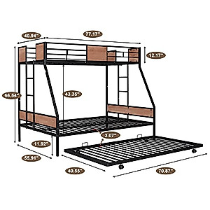 Zevemomo Twin Over Full Bunk Beds with Trundle, Thickened Metal Bed Frame with Safety Rail 2 Side Ladders Triple Bunk Bed for Boys Girls Adults Loft, No Box Spring Needed, Black