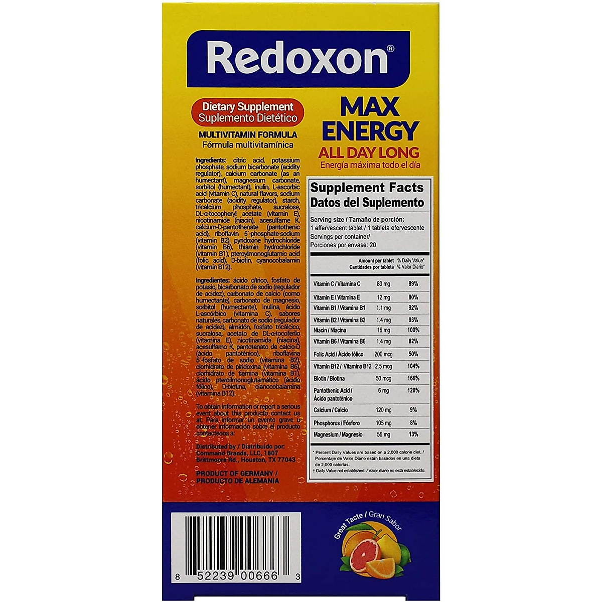 Redoxon Max Energy, Helps Support Inmune System, Citrus Flavor, 20 Effervescent Tablets, 2.82 Oz, Box