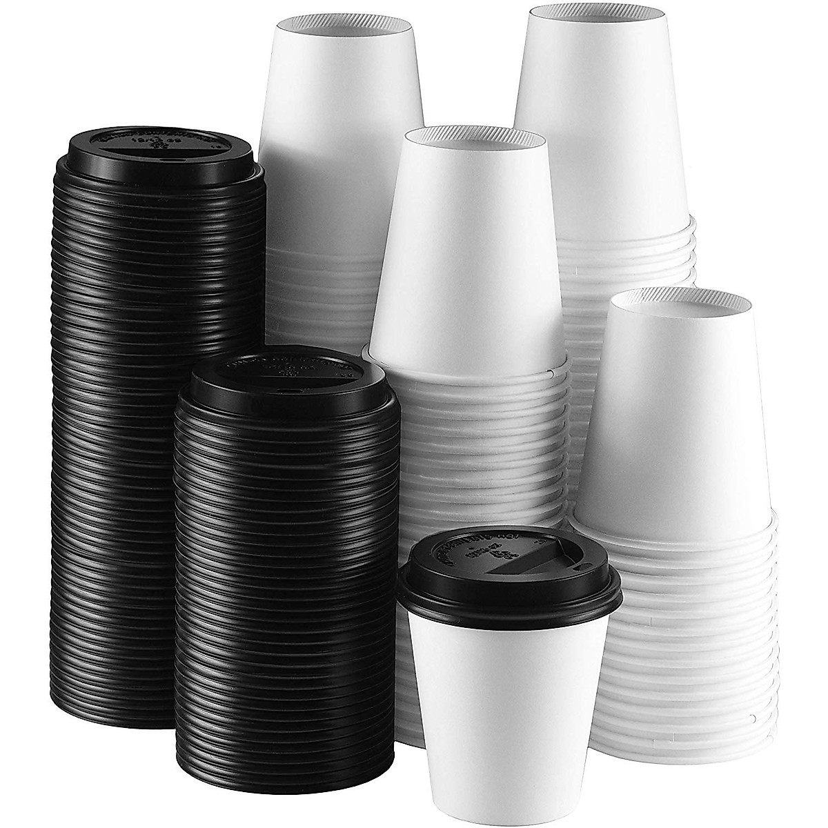 NYHI 100 Pack 12 oz White Paper Disposable Coffee Cups with Black Lids Hot Cold Beverage Drinking Cup for Water Juice Espresso Tea Ideal for Water Coolers Party