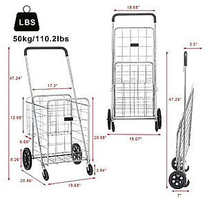 XYYSSM Iron 1200mm Telescopic Armrest 0.8mm 16# Round Tube 50kg Silver Foldable Shopping Cart, Shopping Cart with Dual Swivel Wheels for Groceries - Compact Folding Portable Cart Saves Space