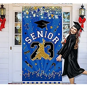 Senior 2023 Door Cover Decoration-Graduation Party Supplies,Large Congrats Grad Front Door Porch Sign Backdrop for Class of 2023 Graduation Party Outdoor Indoor Decoration (Blue)