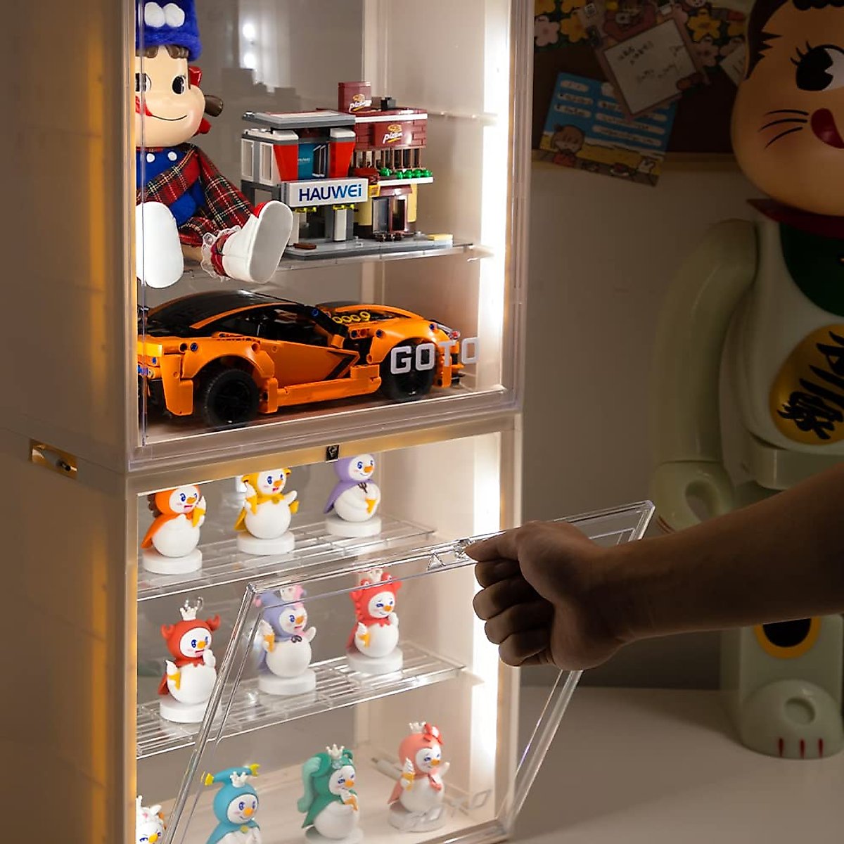 GOTO LED Lighting Display Box, Display Storage Case, Show Case for Bearbrick 400%, Action Figures, Lego, Collectibles, Pop Mart (19L LED Included Adapter and 2 Partition)