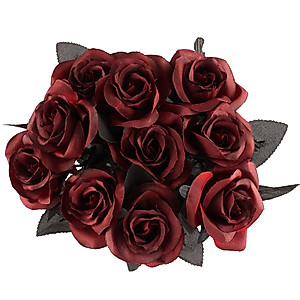 Tuzazo 10pcs Artificial Rose Flower Single Stem Fake Silk Flowers Bridal Wedding Bouquet, Realistic Blossom Flora for Home Garden Party Hotel Office Decorations (Burguandy and Black)