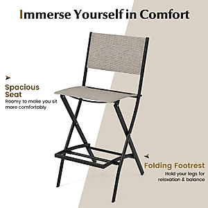 COSTWAY Outdoor Patio Bar Chair Set of 6, Folding Bar Height Stool with Metal Frame & Footrest, Patio Bar Stool for Balcony, Garden & Poolside (6, Coffee)