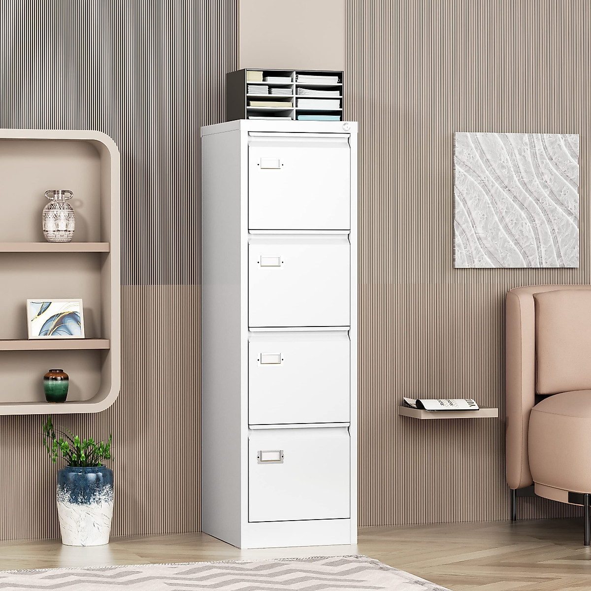 AFAIF 4 Drawer File Cabinet with Lock, Office File Cabinets for Home Office,18" Deep Metal Narrow Vertical Filing Cabinet, White File Cabinet Office Storage Cabinet Organizer fits Letter/Legal Size