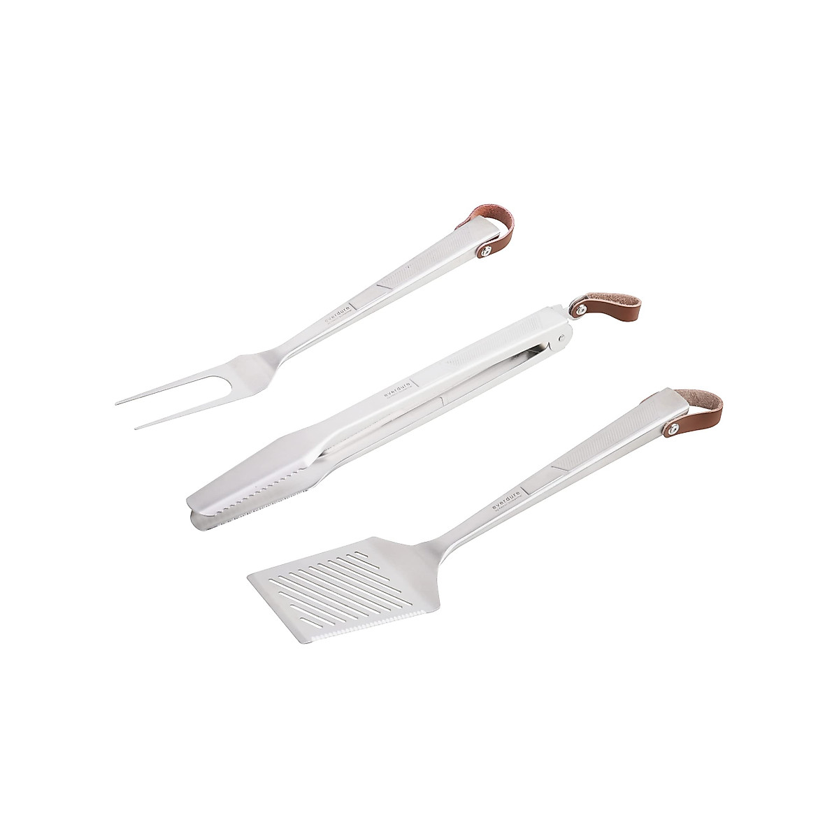 Everdure BBQ Tool Kit - 3 Pack, Brushed Stainless Steel Tongs, Spatula and Fork with Soft Grip Handles and Leather Straps, Barbeque Grill Accessories and Cooking Utensils Set