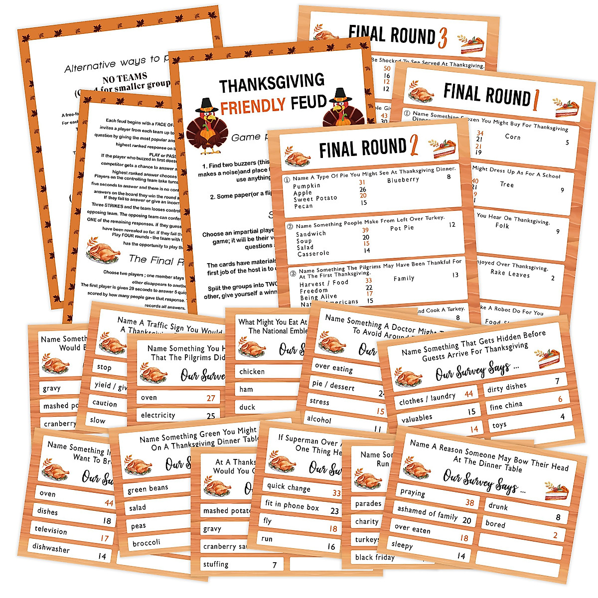 Thanksgiving Day Party Game,Shower Game,Fall Winter Friendly Feud Game,Thanksgiving Day Friendly Feud Game,Family Feud Questions,Feud Game for Adults,Party Games Cards,Thanksgiving Day Decoration(3)