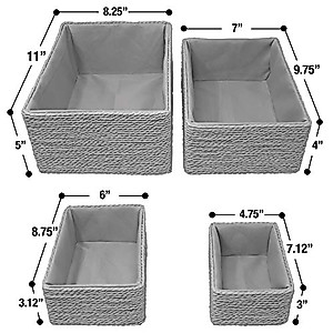Sorbus Storage Baskets 4-Piece Set - Stackable Woven Basket Paper Rope Bin Boxes for Makeup, -Bathroom, Office Supplies, Bedroom, Closet (Gray)