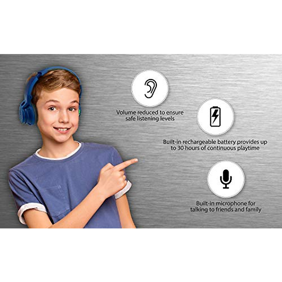 eKids Wireless Bluetooth Kids Headphones with Microphone, Portable Volume Reduced to Protect Hearing Rechargeable Battery, Adjustable Kids Headband for School Home or Travel Blue﻿