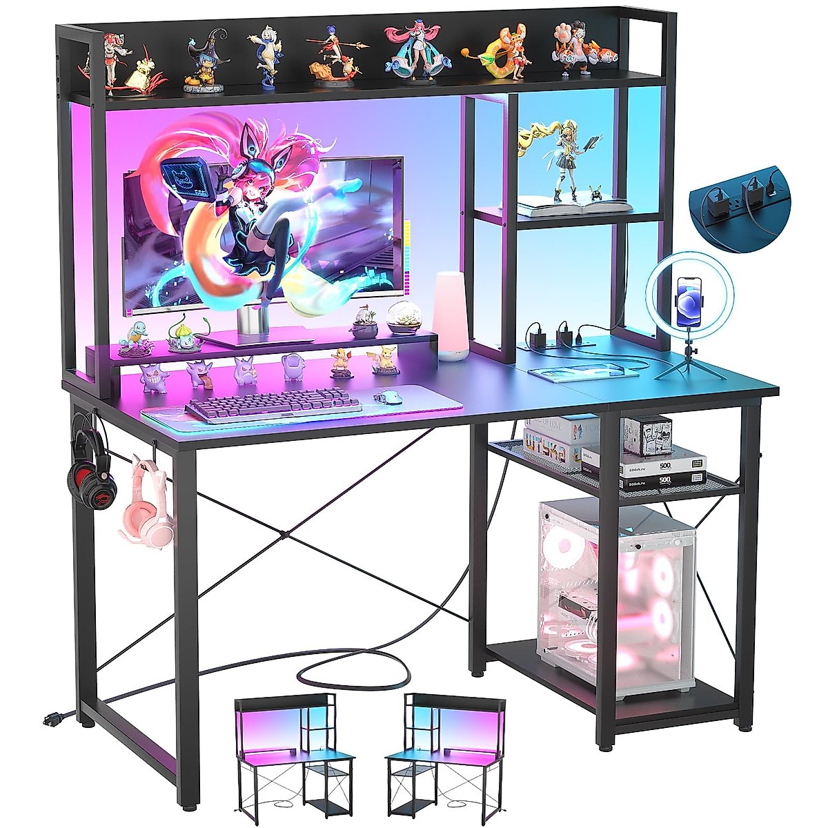 Cyclysio Gaming Desk with Hutch, 39'' Computer Desk with LED Lights & Power Outlets, Home Office Desk with Reversible 5 Tiers Storage Shelves & Monitor Stand, Small Gaming Table for Small Space, Black