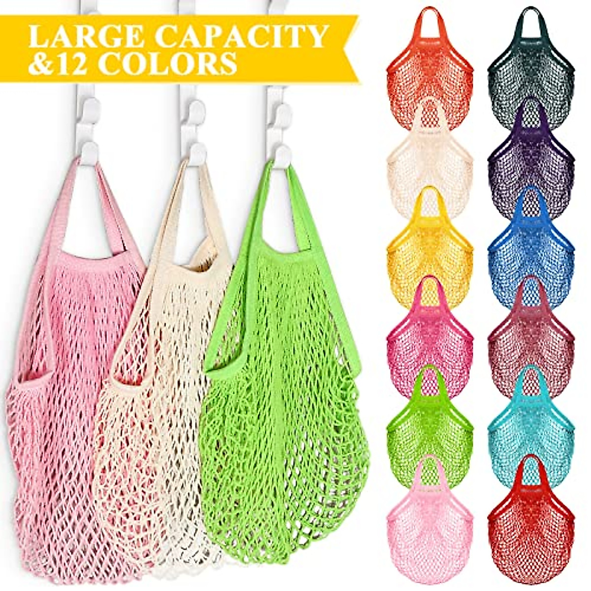 12 Pack Reusable Mesh Grocery Bags Large Crochet Market Bag Cotton Kitchen Netted Tote Bag Grocery Shopping Produce Bag Net Beach Bag for Fruit Vegetable Food Storage Organizer, 12 Colors