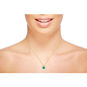 Solid 14K Yellow Gold 6mm Round Genuine Swiss Blue Topaz December Birthstone with Rope Frame Rabbit Ear 18" Rope Chain Necklace | 14K Gold Swiss Blue Topaz Necklace For Women