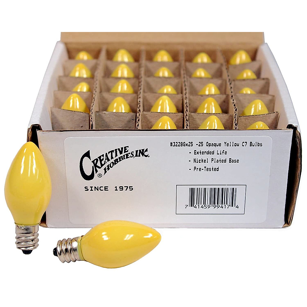 Box of 25 Light Bulbs - Opaque Yellow, Steady Burning, 7 Watt, C7 -E12 Candelabra Base -Great for Night Lights, Decorative Lights and Christmas Strings