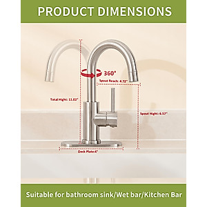Tohlar Bar Sink Faucet Brushed Nickel, Single Handle Bathroom Faucet for Sink 1 or 3 Hole, Wet Bar/Pre-Kitchen Faucet with 4-Inch Deck Plate & Sprayer, Bathroom Sink Faucet with 360°Swivel Spout