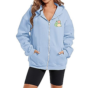 KEEVICI Cute Frog Zip Up Hoodie For Teen Girls Hooded Zipper Sweatshirt Kawaii Animal Cotton Aesthetic Jacket With Pockets(Light Blue,M)