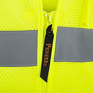 Pioneer High Visibility Safety Vest, Tricot Polyester Mesh, Zip-Up, Reflective Tape, Yellow/Green, Unisex, V1060360U-L, Large