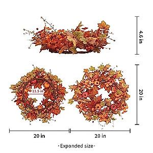 Yawwind 20 inch Fall Wreath Artificial Autumn Wreath with Orange Maple Leaves Pumpkin and Berry Harvest Wreath Thanksgiving Farmhouse Fall Wreaths for Front Door