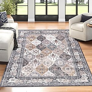Loooom Boho Vintage Tribal Washable Area Rugs Low-Pile Floral Print Carpet Mat Indoor Decor 8x10 Light Brown for Living Room Bedroom Farmhouse Dining Room