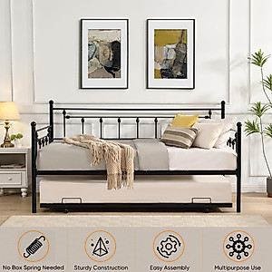 Haplized Twin Size Metal Daybed with Pull Out Trundle, Modern 2 in 1 Sofa Bed Frame for Kids Teens Adults,Single Daybed Sofa Bed Frame for Bedroom Living Room Guest Room,No Box Spring Needed