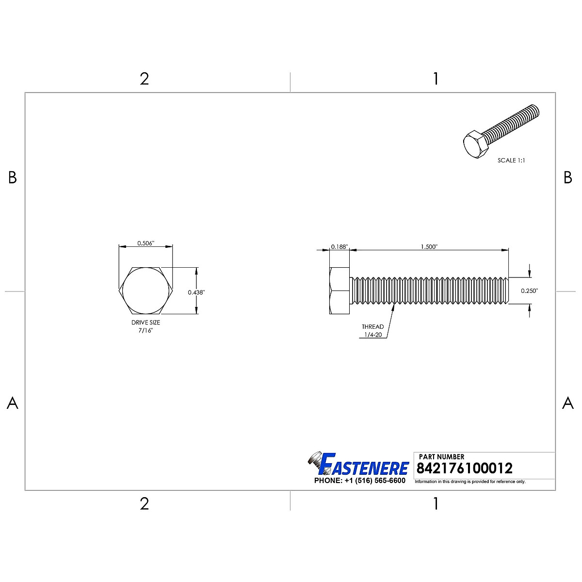 1/4-20 x 1-1/2" Hex Head Cap Screw Bolts, External Hex Drive, Stainless Steel 18-8, Full Thread, Bright Finish, Flat Point, Quantity 25 by Fastenere