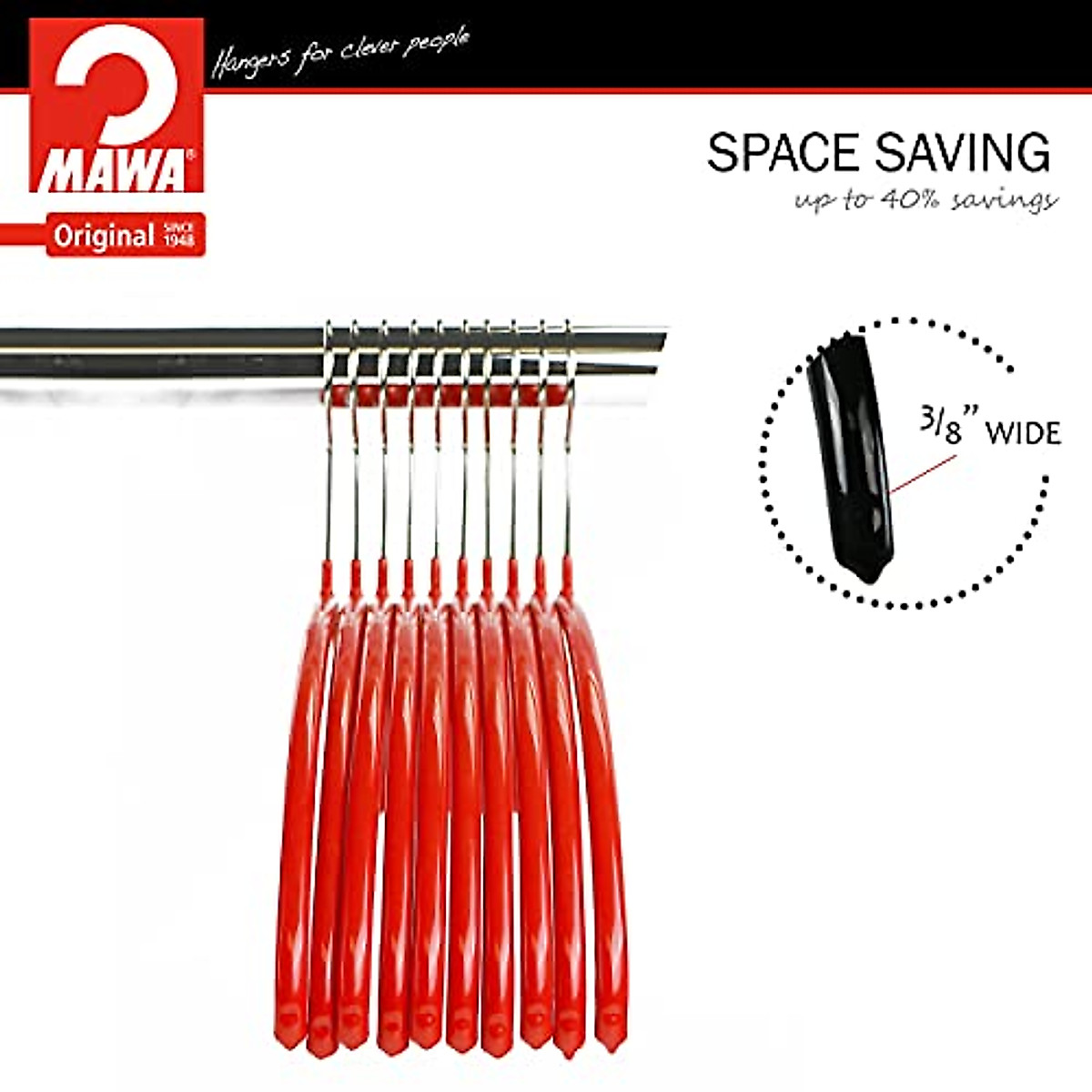 Mawa Euro Series Light Thin Non-Slip Space Saving Clothes Hanger Style 40/P, Set of 10, Red Pack of 10 10 Piece